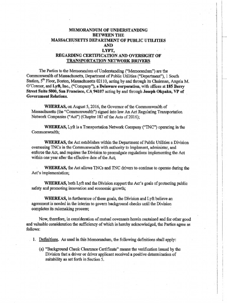 Memorandum of Understanding Mass DPU-Lyft | PDF