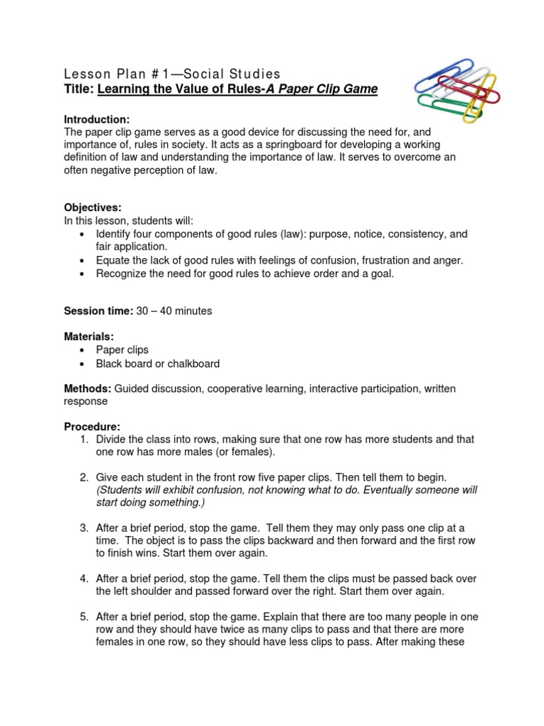 The Paper Clip Game: A Hands-On Lesson in the Need for Order, Fairness ...