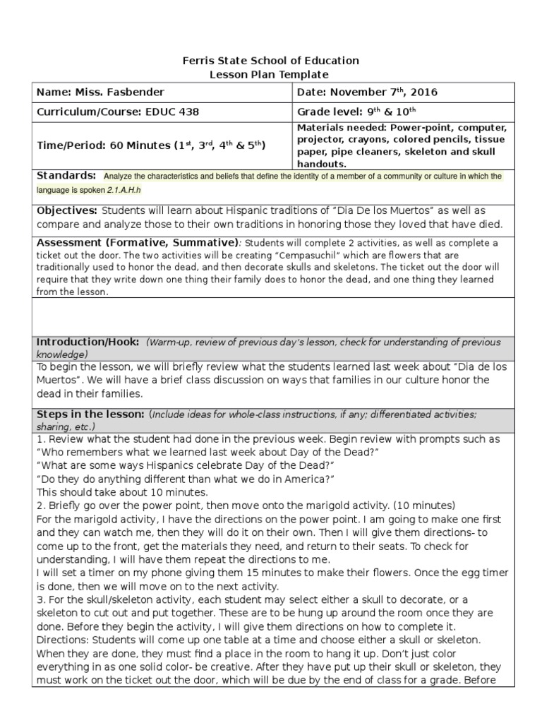 Dia de Los Muertos Lesson Plan | PDF | Educational Assessment | Lesson Plan