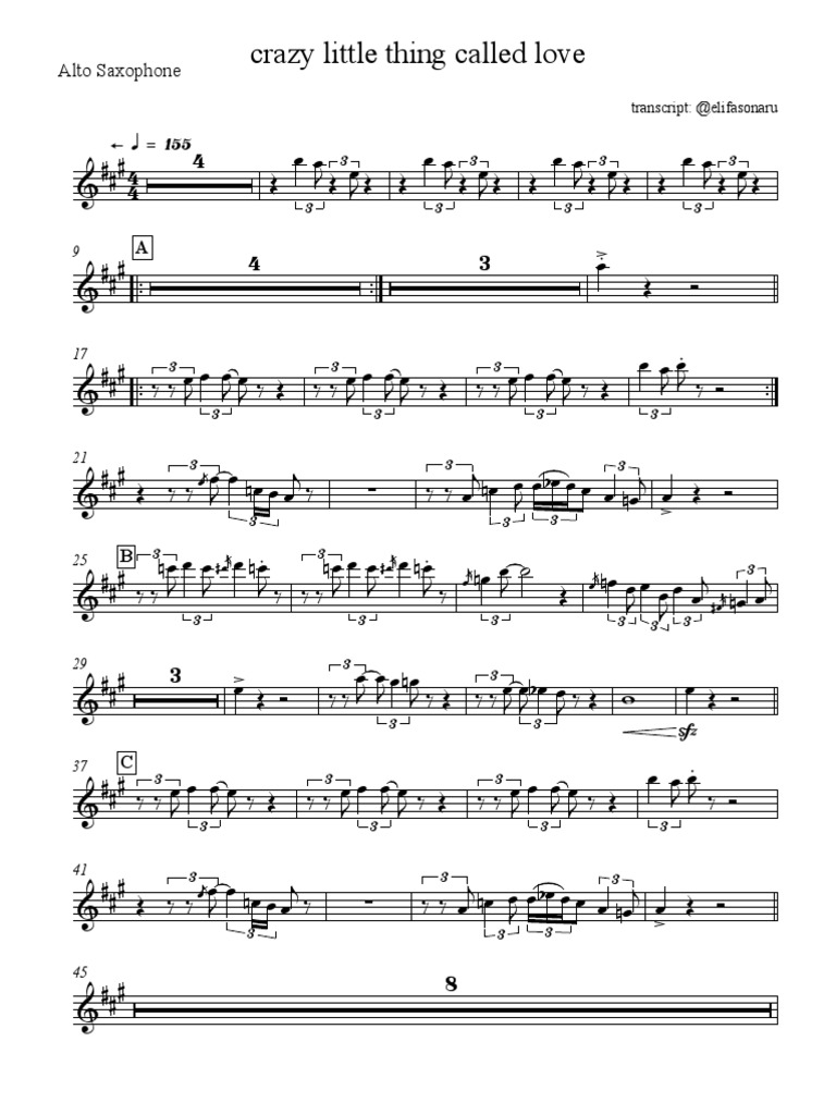 Crazy Little Thing Called Love Alto Saxophone Pdf