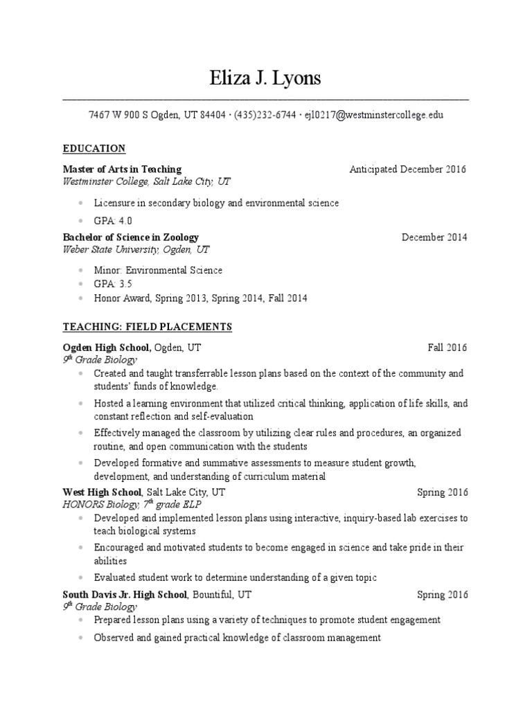 Lyons Resume 1 | PDF | Inquiry Based Learning | Lesson Plan