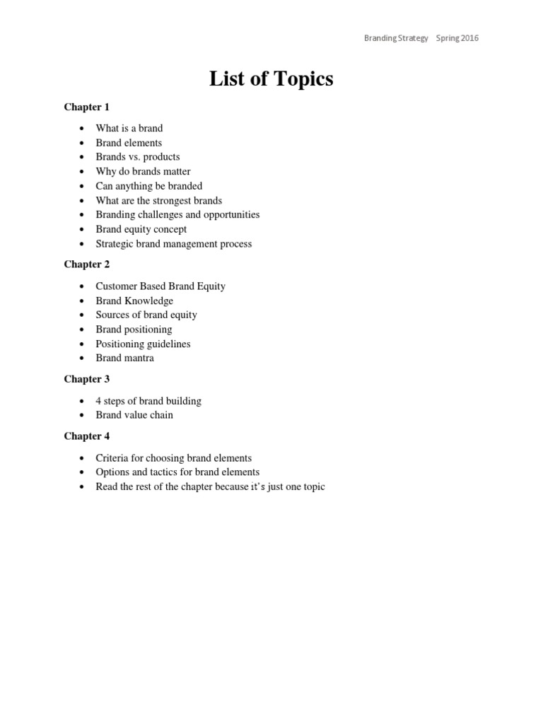 List of Topics: Branding Strategy Spring 2016 | PDF