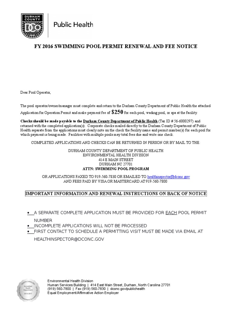 Public Pool Permit Application 2016 | PDF | Swimming Pool | Cheque