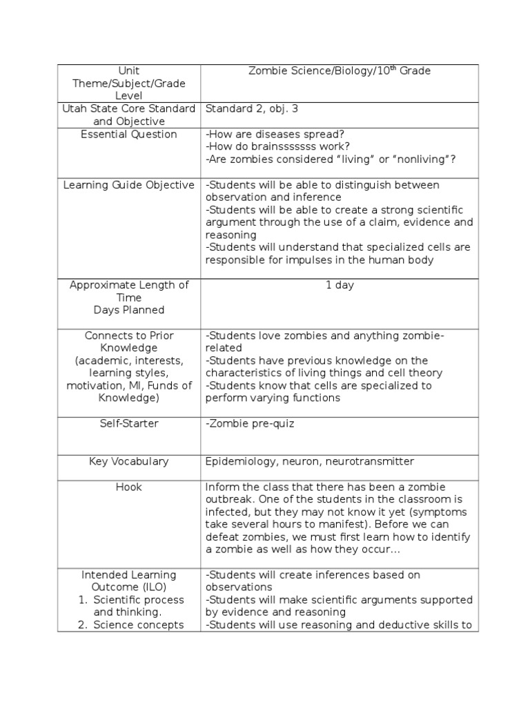 Zombie Science Lesson Plan | PDF | Reason | Science