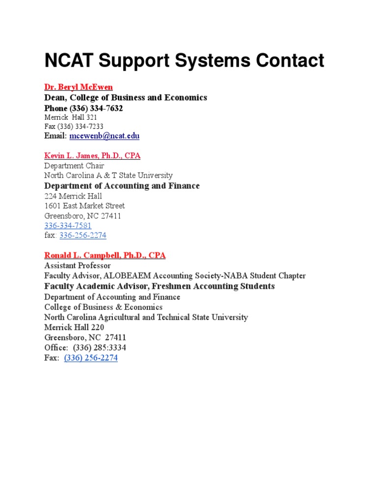 Ncat Contacts - Word | PDF