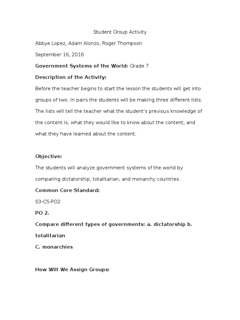 Grade 7 Government Systems Activity | PDF