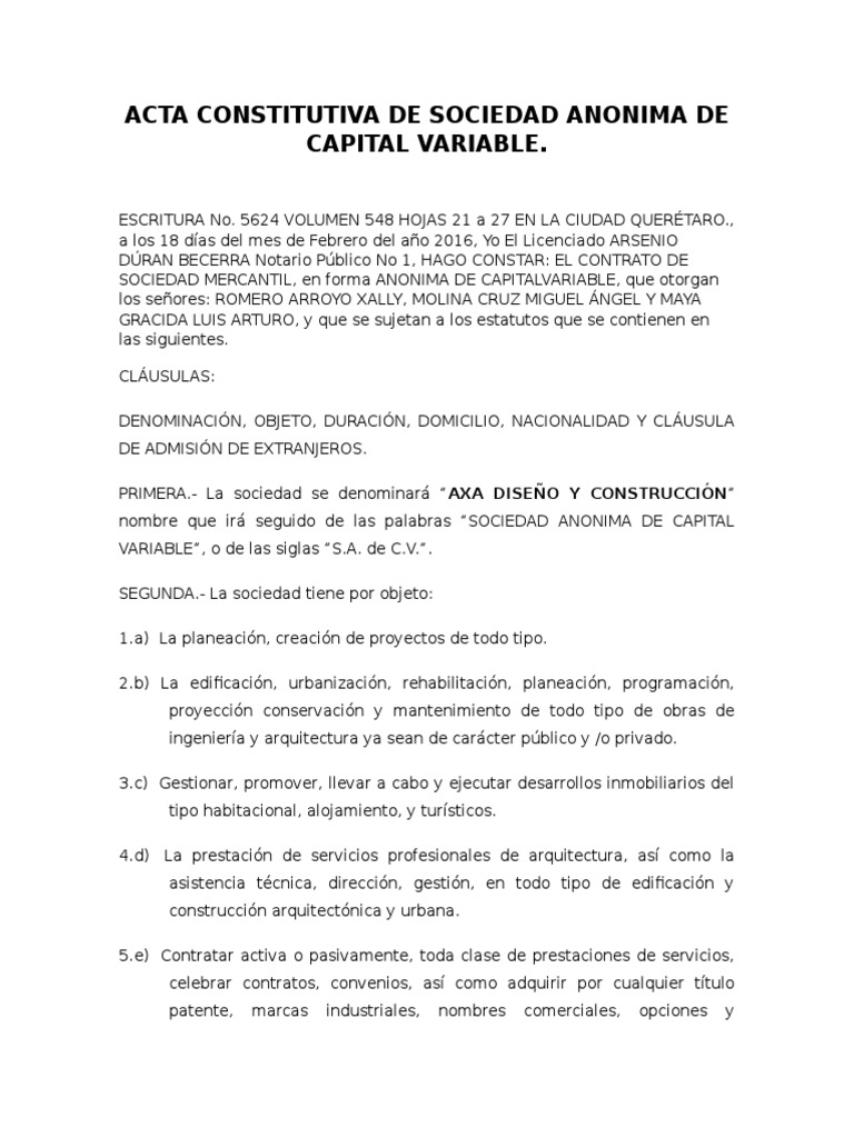 Acta Constitutiva de Sociedad Anonima de Capital Variable | PDF | Liquidación | México