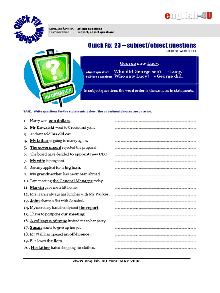 Quick Fix 23 - Subject and Object Questions: A Worksheet for Practicing ...