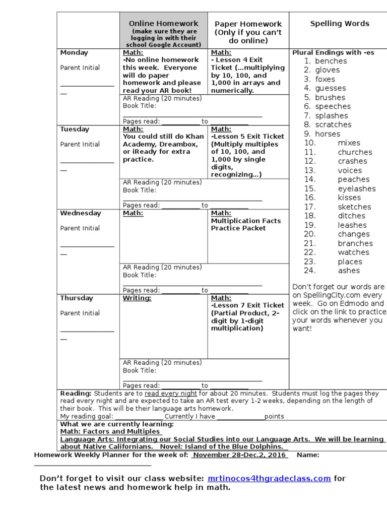 Online Homework Paper Homework (Only If You Can't Do Online) Spelling ...