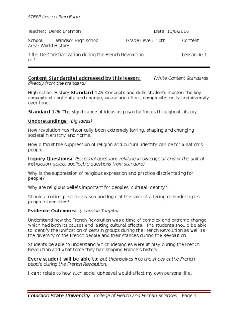 STEPP Lesson Plan Form: Colorado State University College of Health and ...