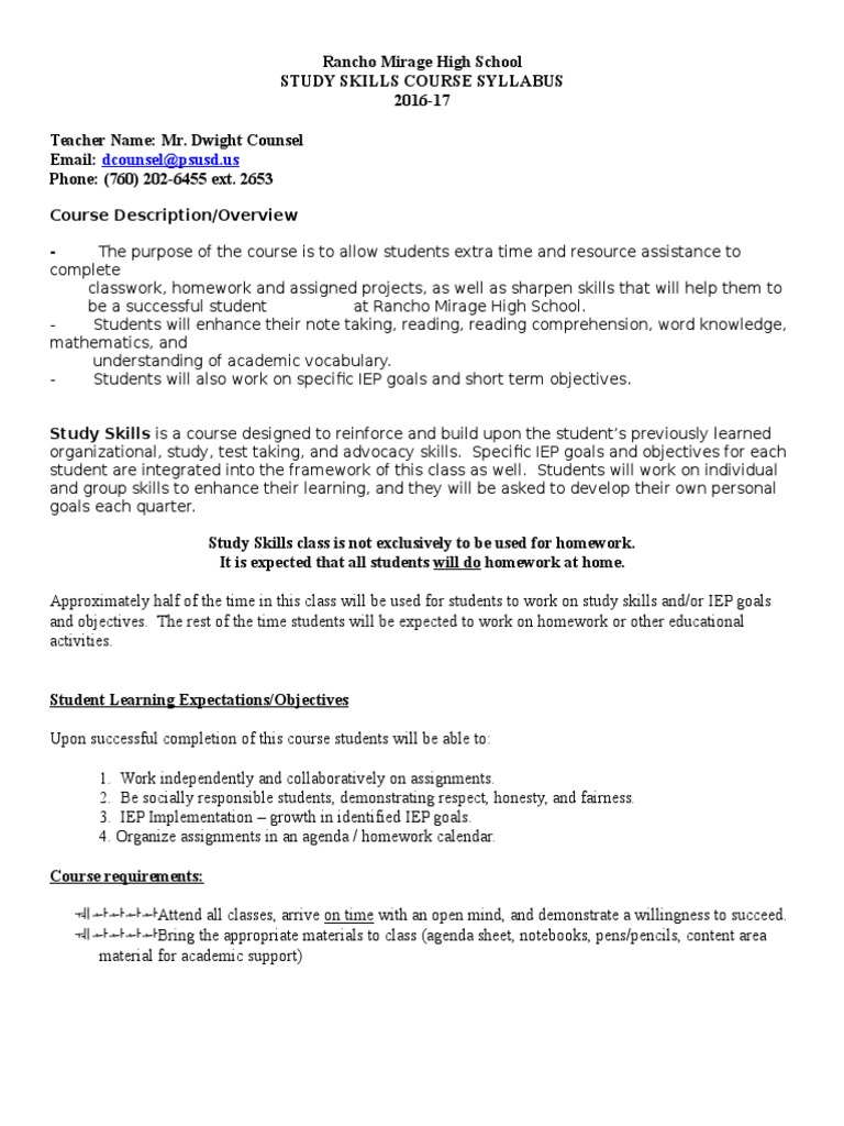 Study Skills Syllabus I | PDF | Homework | Plagiarism