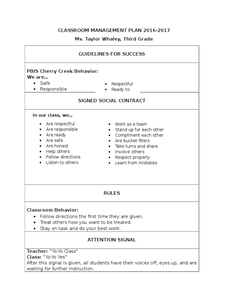 Third Grade Classroom Management Plan | PDF | Classroom Management ...