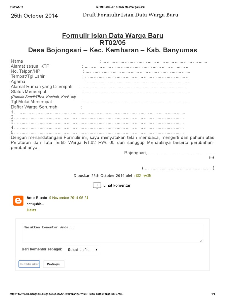 Draft Formulir Isian Data Warga Baru | PDF