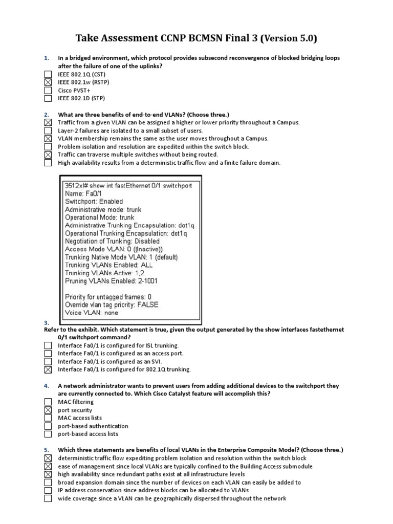 Take Assessment CCNP BCMSN Final 3: (Version 5.0) | PDF | Network Switch | Networks
