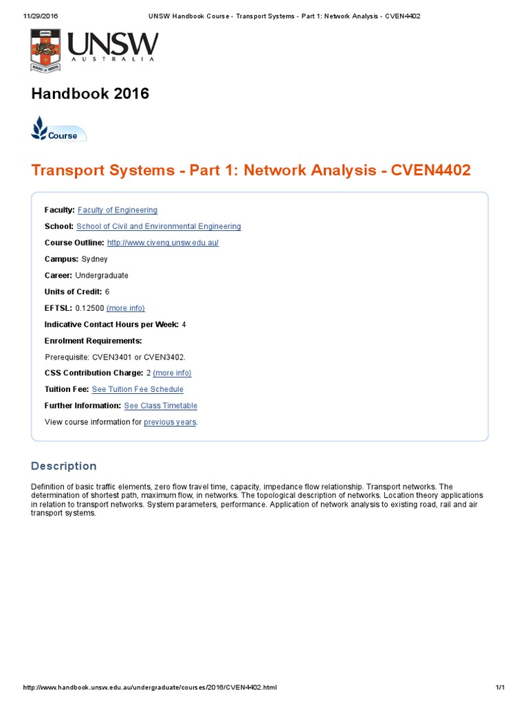 UNSW Handbook Course - Transport Systems - Part 1 - Network Analysis ...