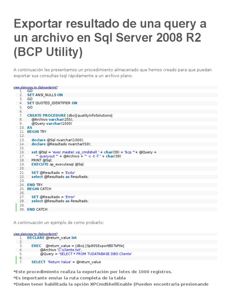 Exportar Resultado de Una Query A Un Archivo en SQL Server 2008 R2 | PDF