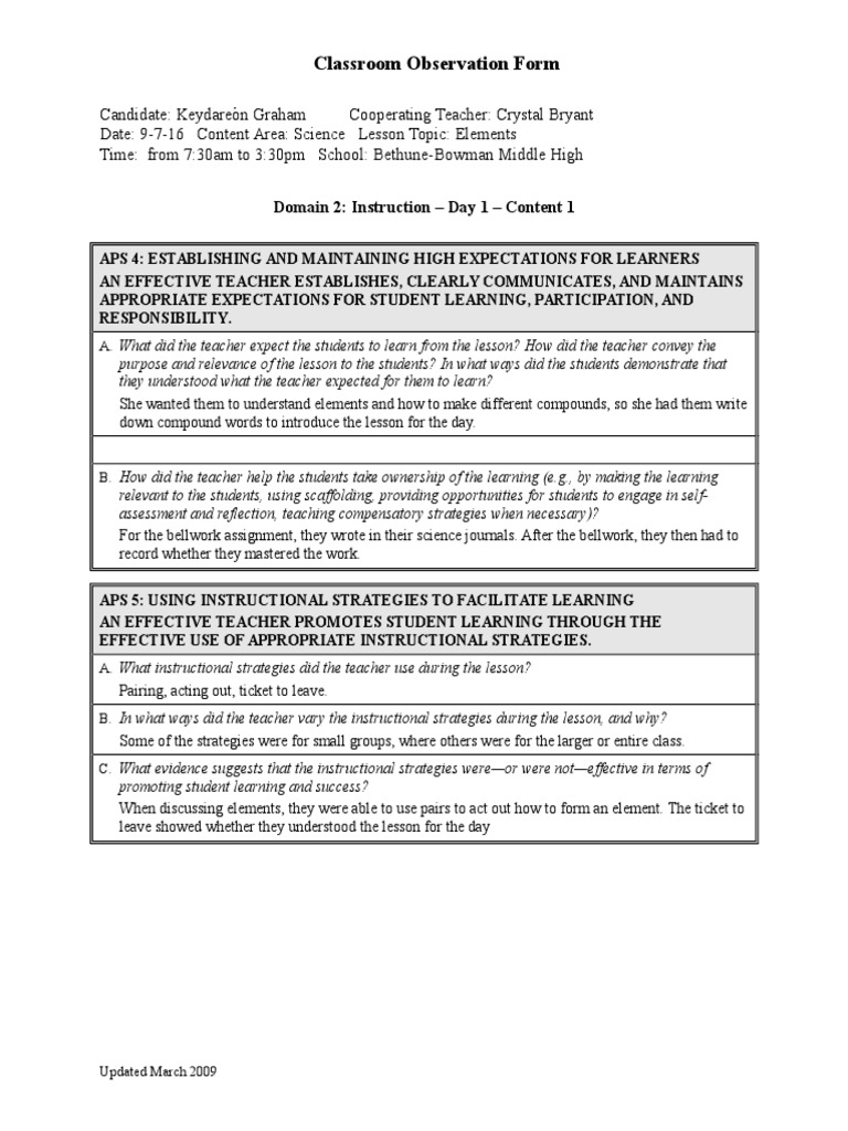 classroom observation form 1 | Teachers | Learning