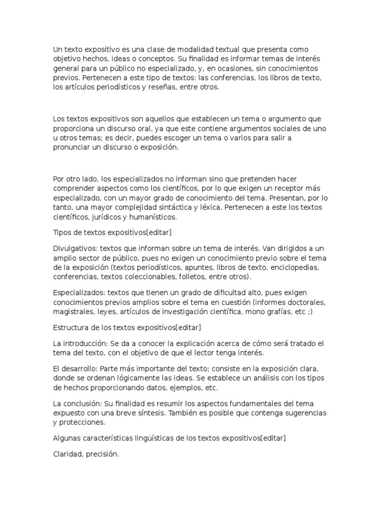 Un Texto Expositivo Es Una Clase de Modalidad Textual Que Presenta Como Objetivo Hechos ...
