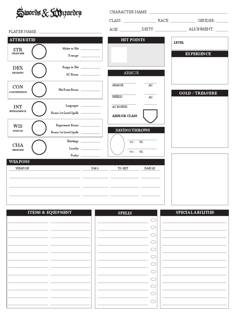 Swords and Wizardry Character Sheet | PDF