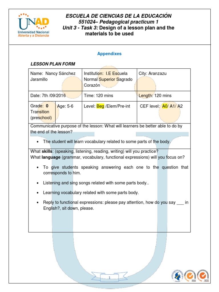 Lesson Plan Parts Body | PDF | Lesson Plan | Vocabulary