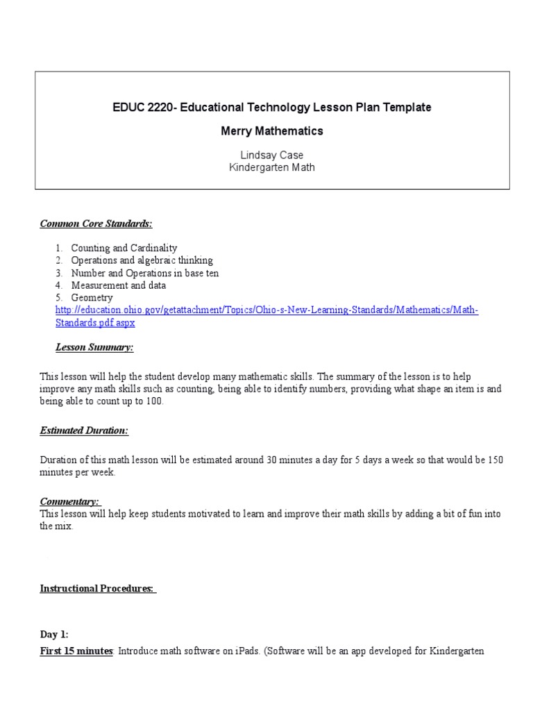 EDUC 2220-Educational Technology Lesson Plan Template Merry Mathematics ...