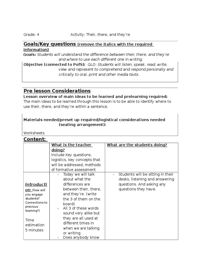 There Their Theyre Lesson Plan | PDF | Lesson Plan | Education Theory