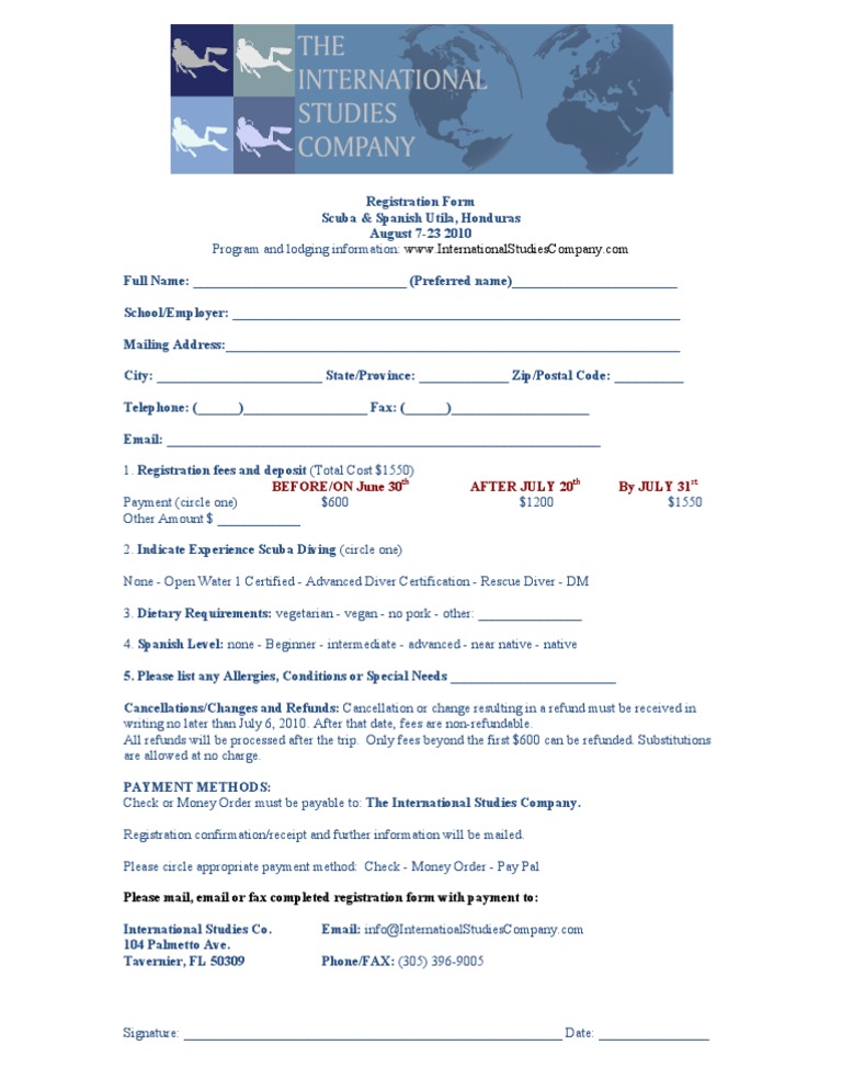 Registration Form | PDF | Scuba Diving | Money Order
