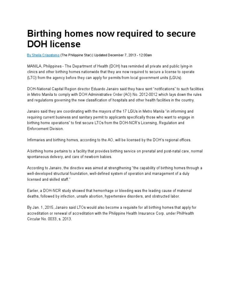 Birthing Homes Now Required To Secure DOH License: by Sheila Crisostomo ...
