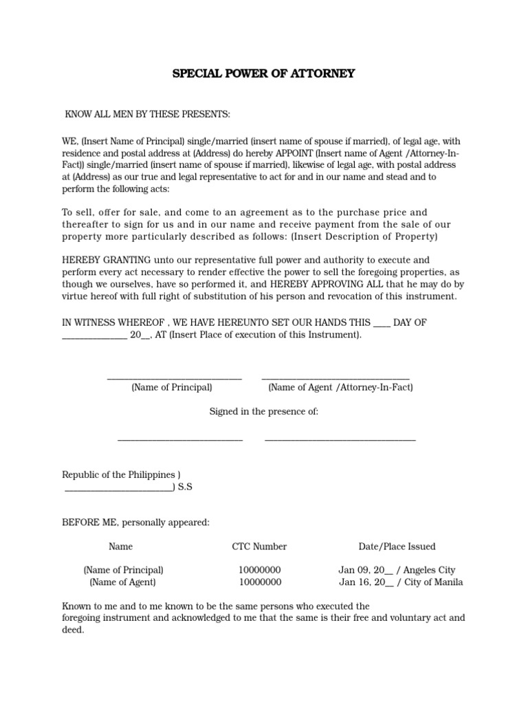 Sample SPA | Power Of Attorney | Private Law