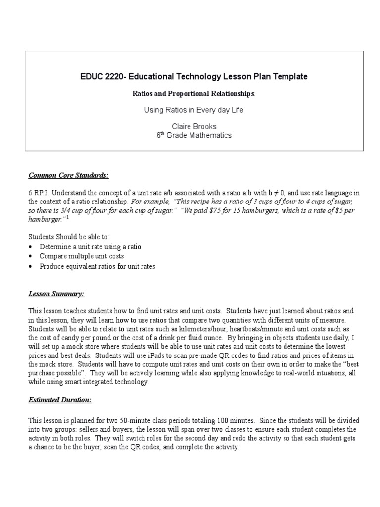 EDUC 2220-Educational Technology Lesson Plan Template: Ratios and Proportional Relationships ...