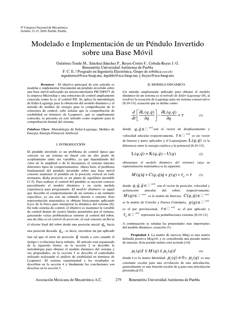 Modelado de Péndulo Invertido Móvil | PDF | Péndulo | Ecuación de Euler ...