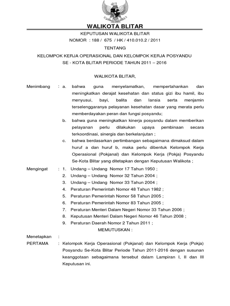 Contoh SK Walikota Pokjanal Posyandu PDF | PDF