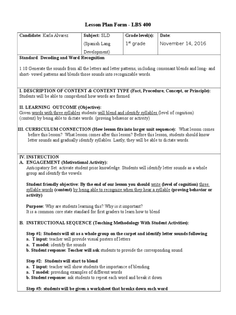 Lbs 400 Lesson Plan Form | Download Free PDF | Lesson Plan ...