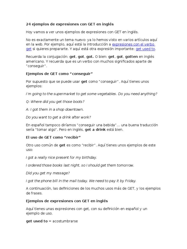 24 Ejemplos de Expresiones Con GET en Inglés | PDF | Idiomas | Ocio