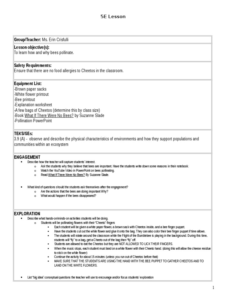 Bee Pollination 5e Lesson Plan | PDF | Pollination | Lesson Plan