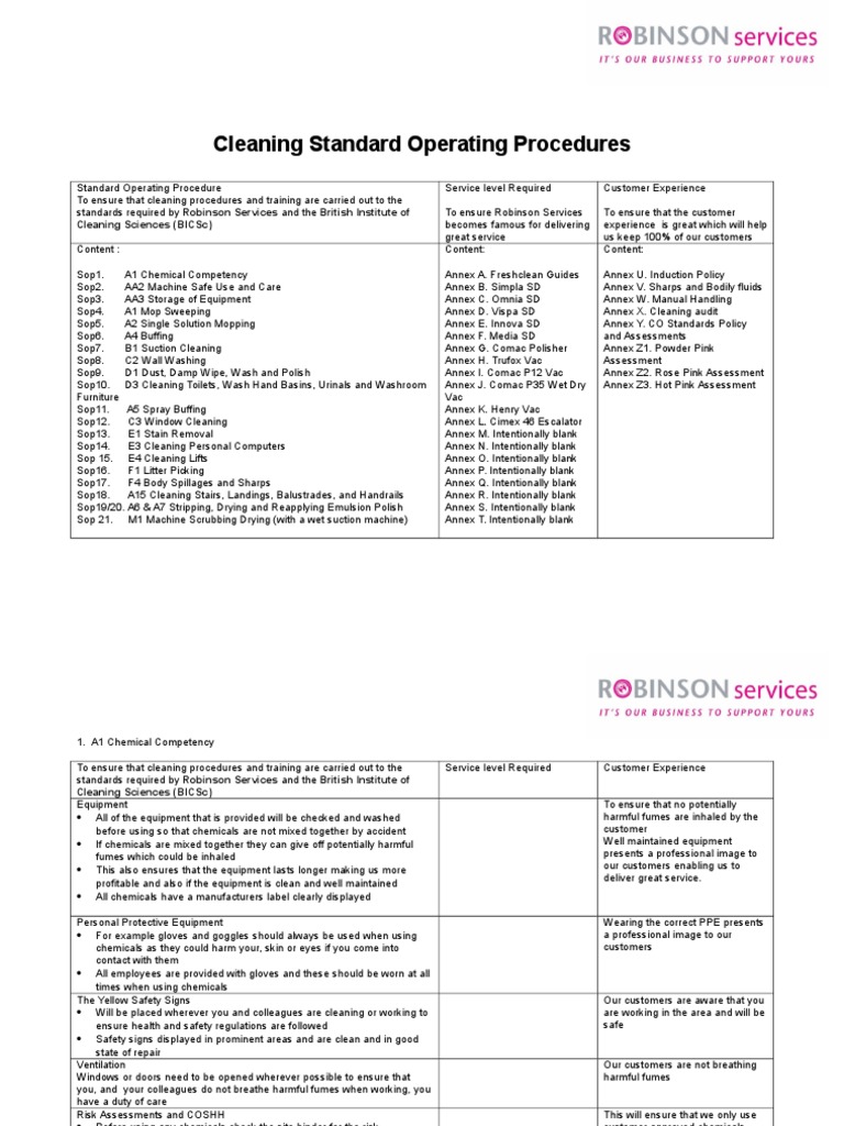 Cleaning Standard Operating Procedures | PDF | Personal Protective ...