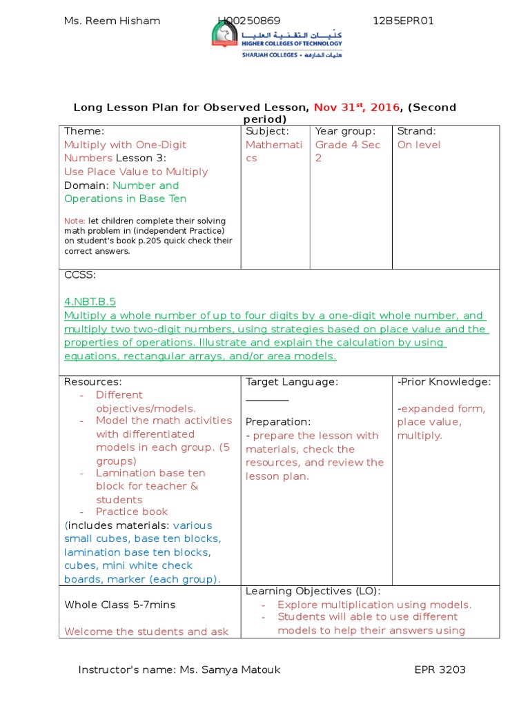 Long Lesson Plan For Observed Lesson,, (Second Period) | Download Free ...