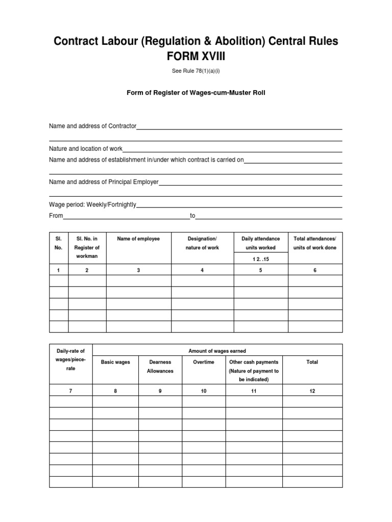 Contract Labour (Regulation & Abolition) Central Rules Form Xviii | PDF