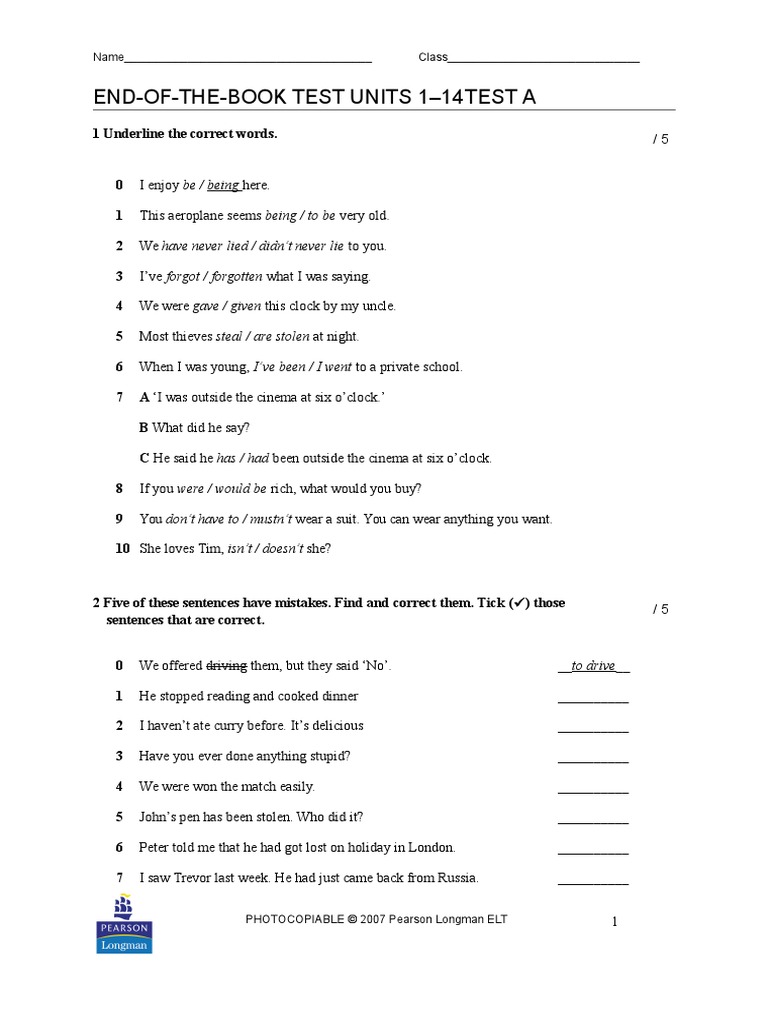 End-Of-The-Book Test Units 1-14test A: Here | PDF | Leisure