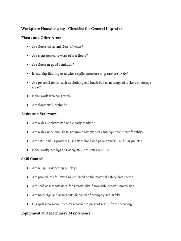 Workplace Housekeeping - Checklist For General Inspection Floors and ...