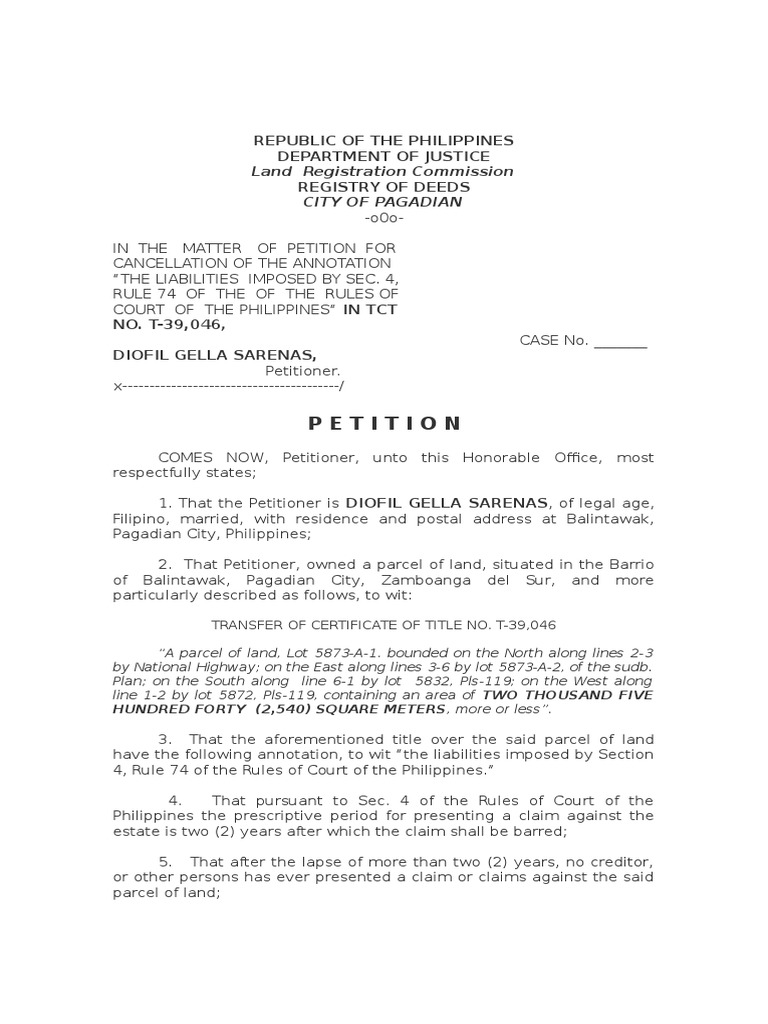 Petition to Cancel Sec 4 Rule 74 Annotation | PDF | Philippines | Mindanao