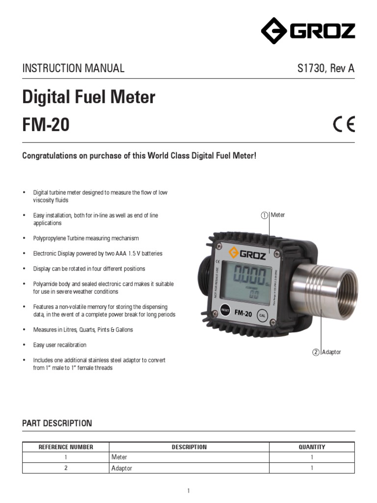 FM-20 Digital Fuel Meter Manual | PDF | Gallon | Flow Measurement