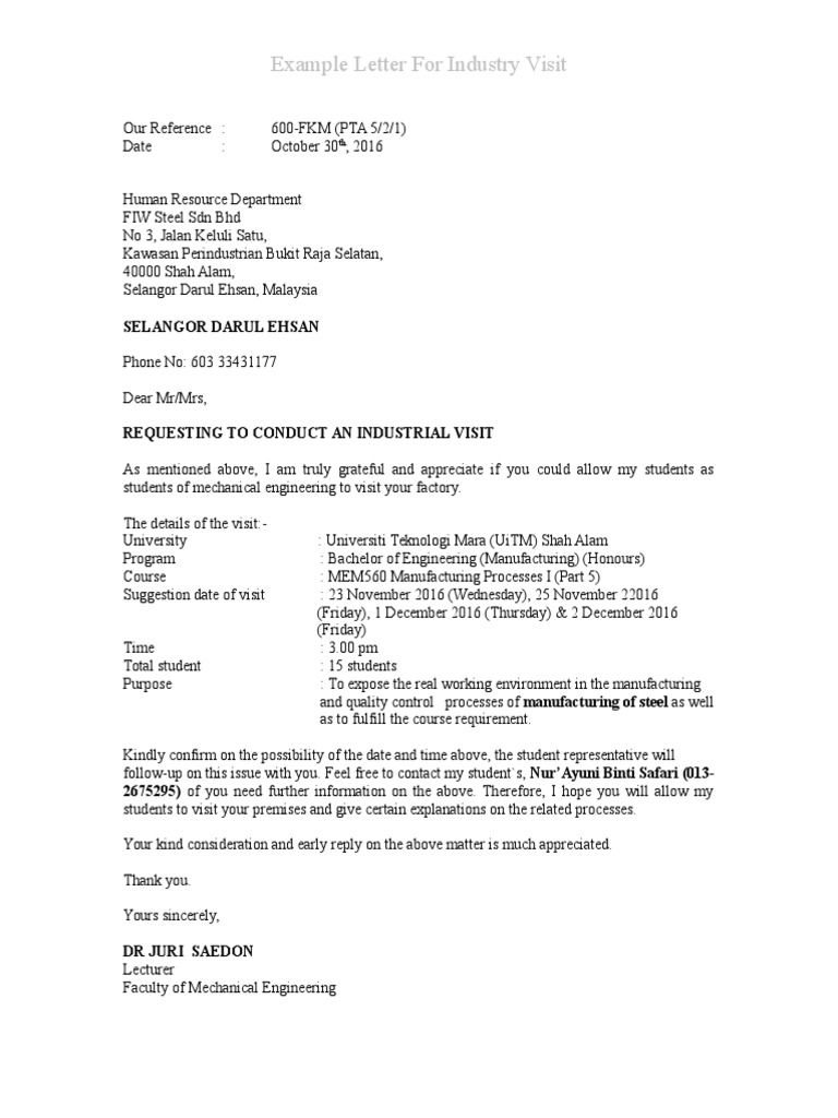 Indusry Visit Letter For MEM560 | PDF