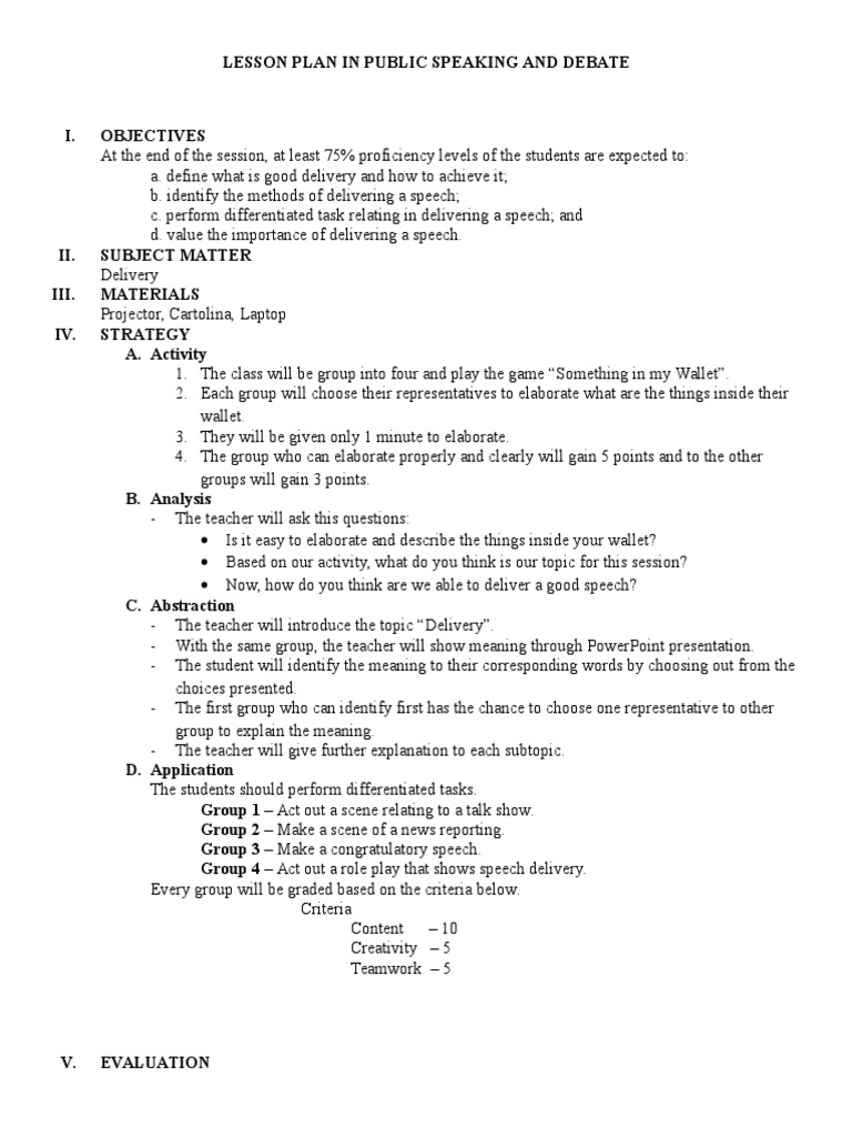 Lesson Plan in Public Speaking and Debate | PDF | Lesson Plan | Human ...