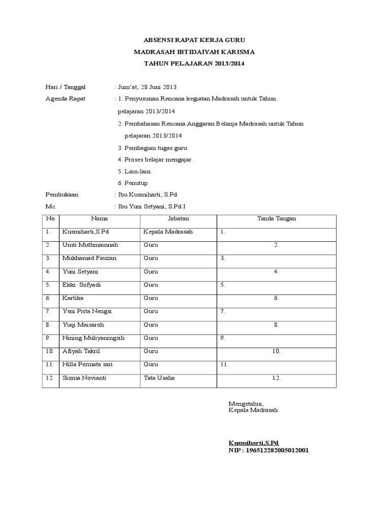 Absensi Rapat Kerja Guru | PDF