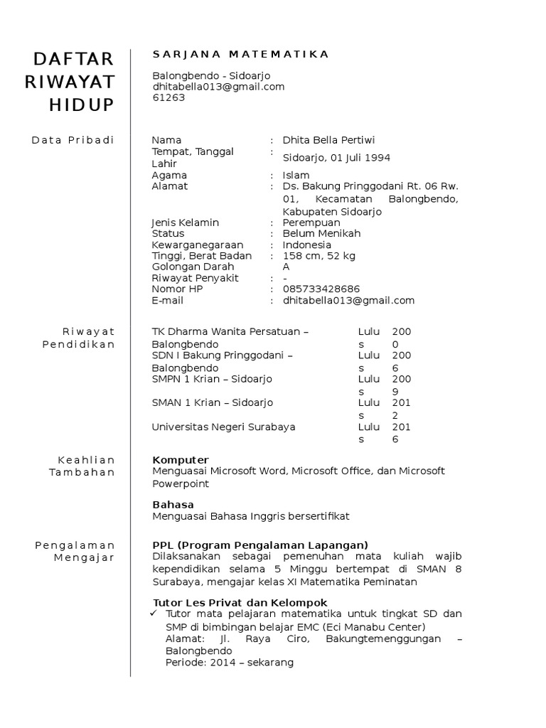 CURRICULUM VITAE OF DHITA BELLA PERTIWI | PDF