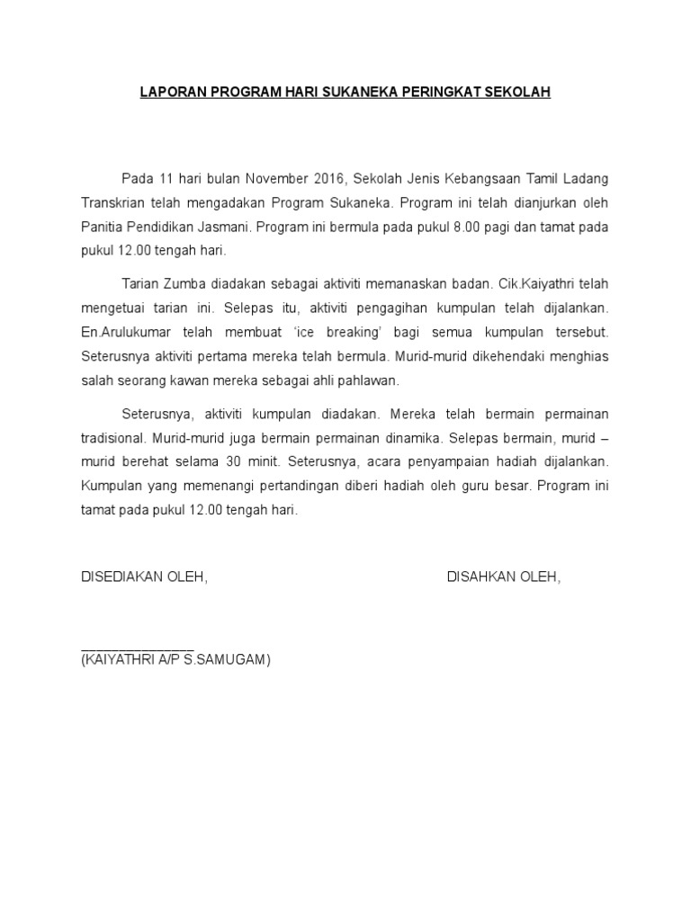 Laporan Program Hari Sukaneka Pringkat Sekolah | PDF