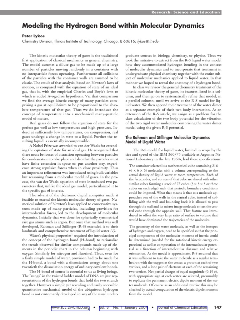 Modeling The Hydrogen Bond Within Molecular Dynamics: Peter Lykos | PDF ...