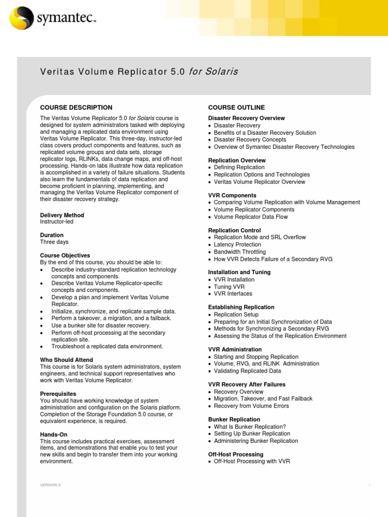 Veritas Volume Replicator 5.x For Solaris - COURSE DESCRIPTION | PDF | Replication (Computing ...