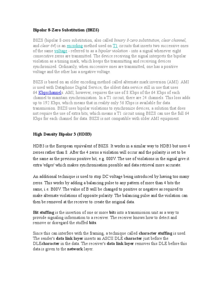 Bipolar 8-Zero Substitution (B8ZS) : Encoding T1 Voltage | PDF